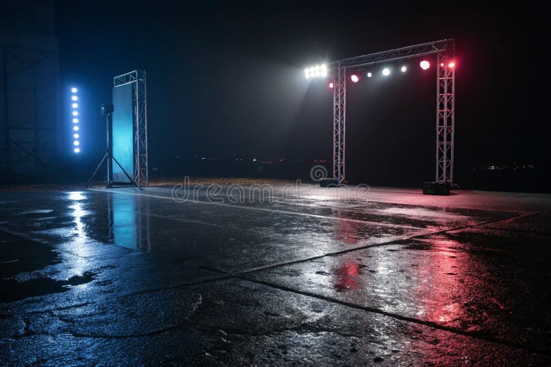Empty Studio with Neon Reflection on Wet Asphalt Stock Illustration ...
