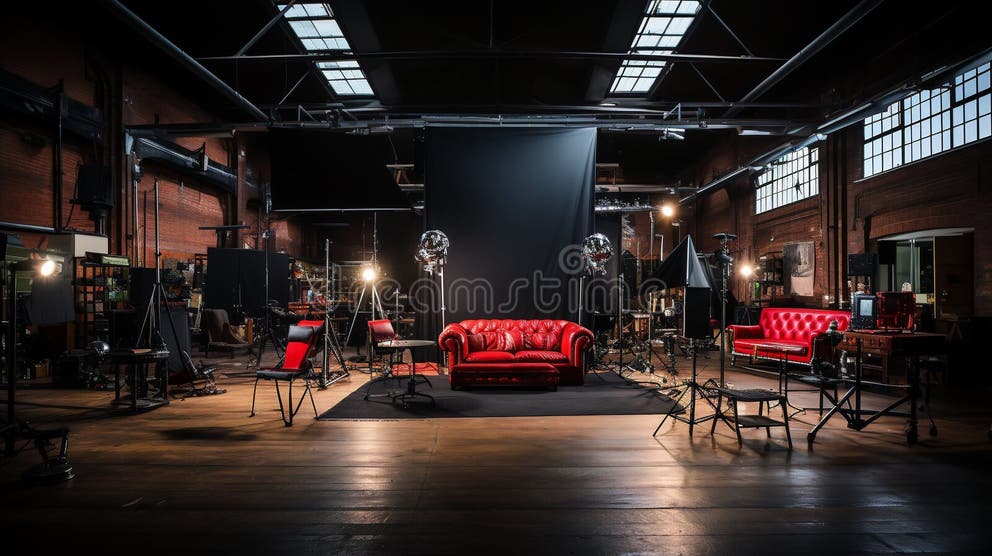 Empty Studio with a Red Couch and Stage Lights in a Dark Setting. AI ...