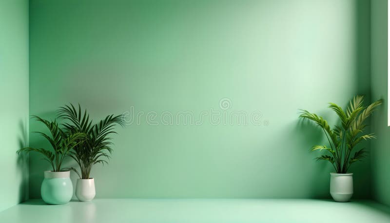 Empty Studio Room with Pale Green Walls, Gradient Light. Two Potted ...