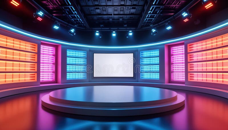 Empty Studio Setup with Bright Neon Lighting. Modern Virtual Set Design ...
