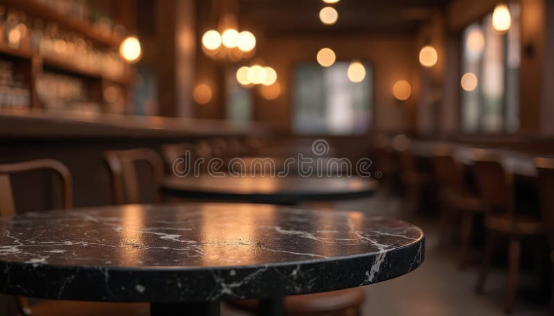 Empty Stylish Cafe Interior Background. Dark Marble Table in Foreground ...