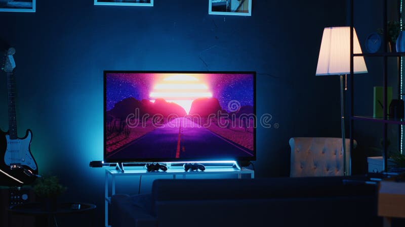 Empty Stylish Neon Lit Home Studio Interior Illuminated with Neon ...