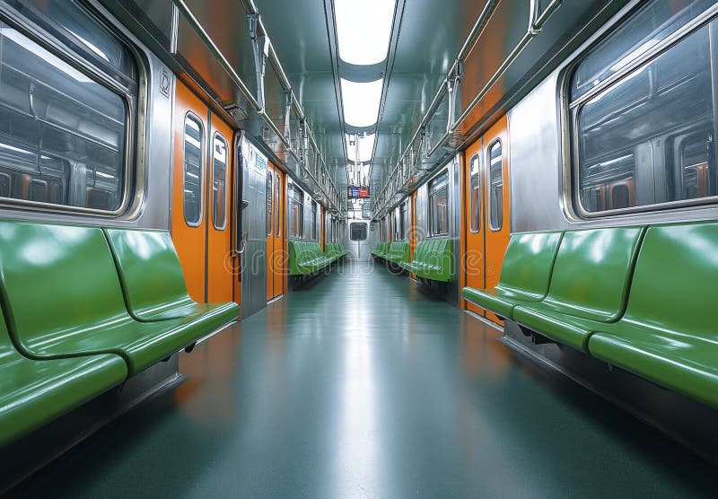 Empty Subway Car Interior Green Seats, Orange Doors, Bright Lighting ...