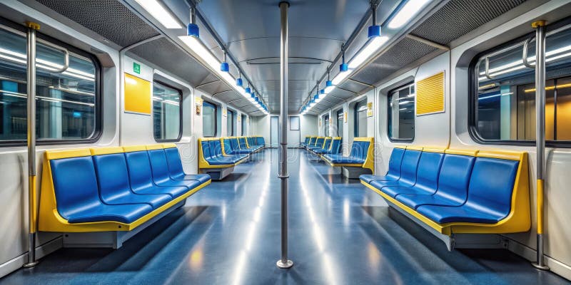 Empty Subway Car Interior with Blue and Yellow Seats, Clean and Modern ...