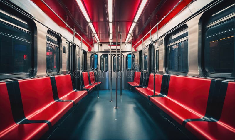 An Empty Subway Car with Red Seats and a Blue Floor Waits for ...