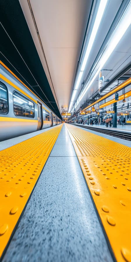 Empty Subway Platform with Bright Yellow Tactile Paving and a Waiting ...