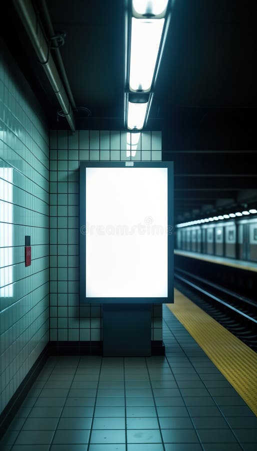 Empty Subway Platform Features Illuminated Blank Billboard. Tiles ...