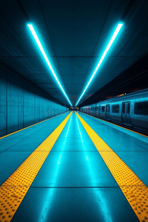 Empty Subway Platform with Glowing Lights and a Train at Night, Modern ...