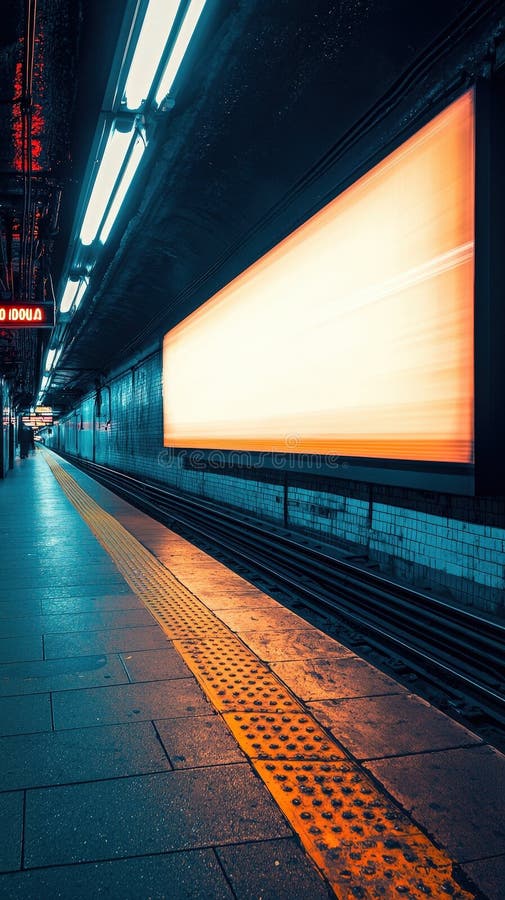 Empty Subway Platform with Illuminated Advertisement Panel Stock Image ...