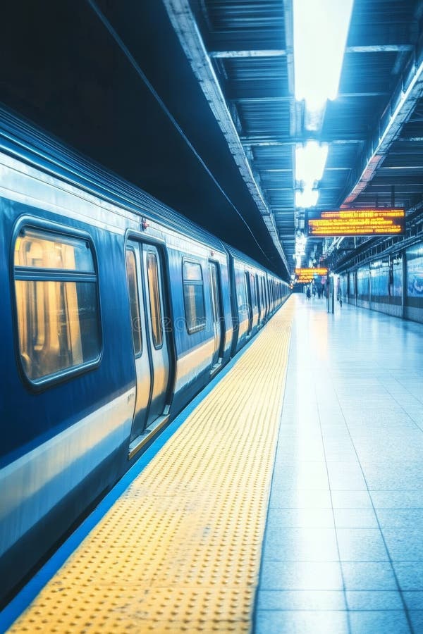 Empty Subway Platform with Modern Train, Illuminated by Overhead Lights ...