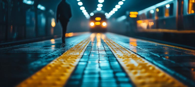 Empty Subway Platform at Night, Approaching Train, Blurred Lights ...