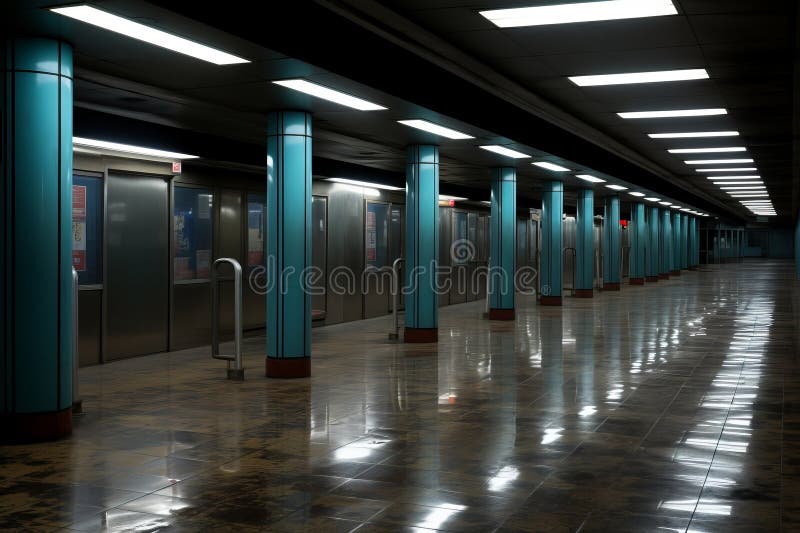 An Empty Subway Station with Blue and White Columns Stock Illustration ...