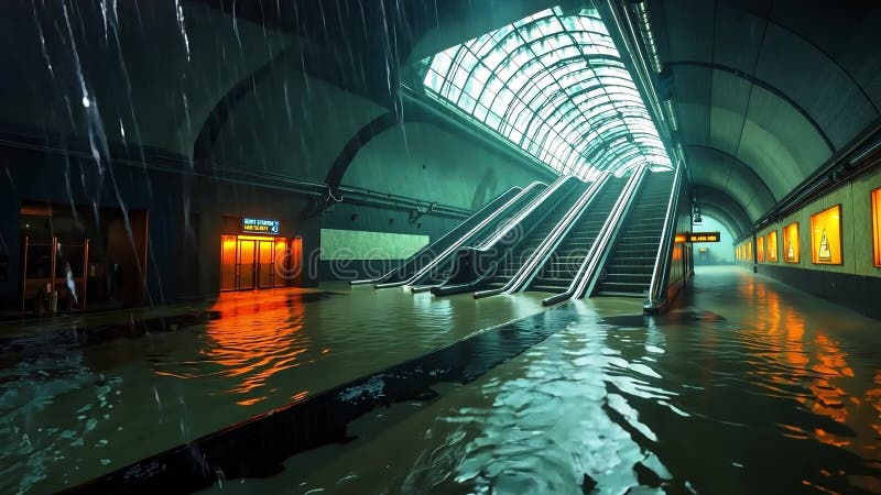 An Empty Subway Station with Escalators in the Middle of the Water ...