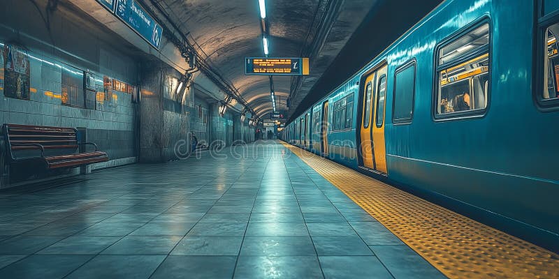 Empty Subway Station at Night, Bright Lighting Creates a Glow on the ...