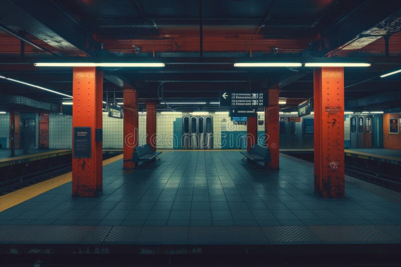 Empty Subway Station Platform Metro Underground Interior with Dark Light. Neural Network Ai ...