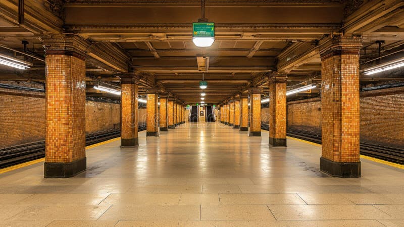 Empty Subway Station Platform with Tiled Columns and Bright Lights ...