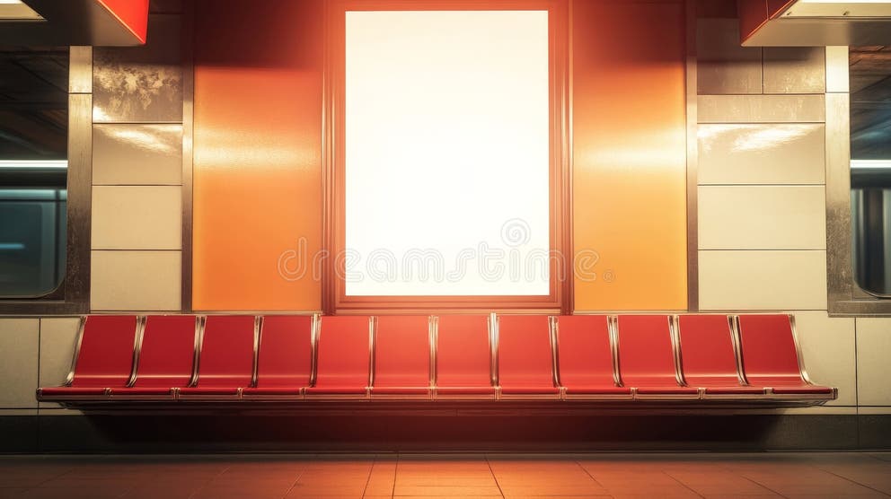 Empty Subway Station with Red Seats and Illuminated Advertisement Panel ...
