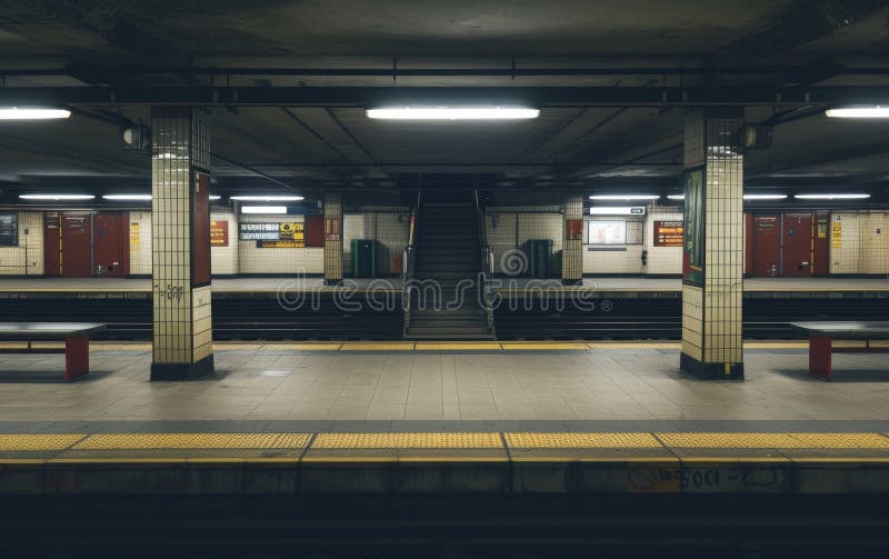 Empty Subway Station with Yellow Platform Edge, Tiled Columns, and an ...