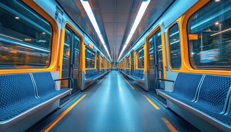 Empty Subway Train Car with Blue Seats and Yellow Trim Stock Photo ...