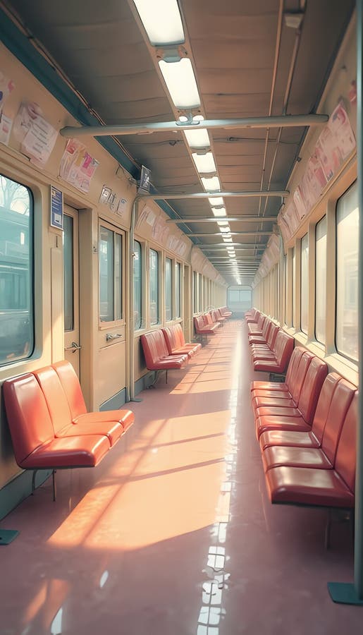 Empty Subway Train Interior with Red Seats and Light Pastel Colors ...