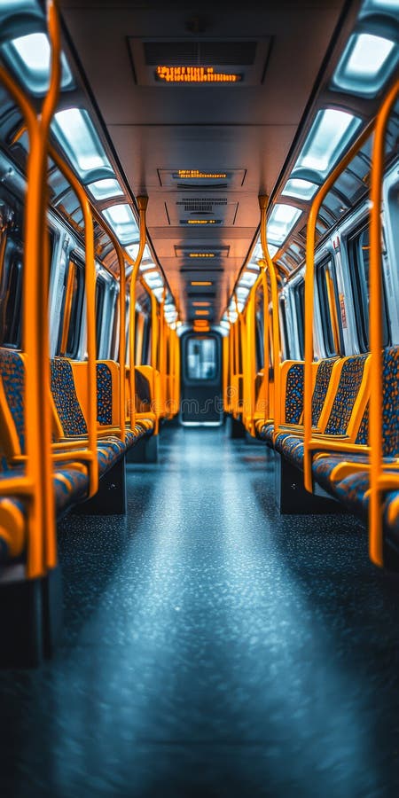 Empty Subway Train Interior Showcasing Bright Orange Seats and a Clean ...