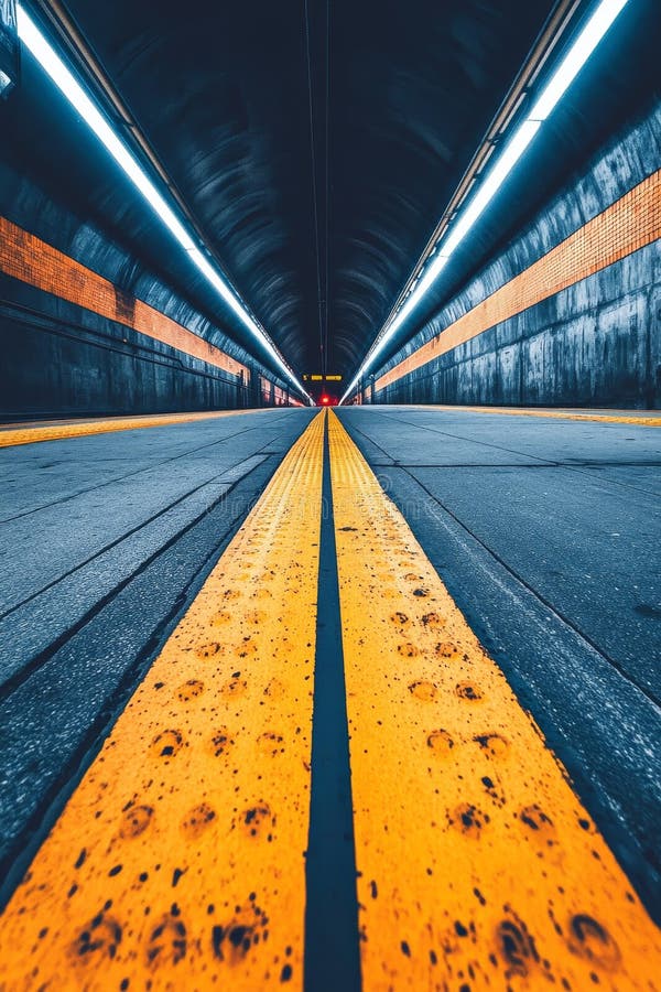Empty Subway Tunnel with Yellow Safety Lines Leading Towards a Bright ...