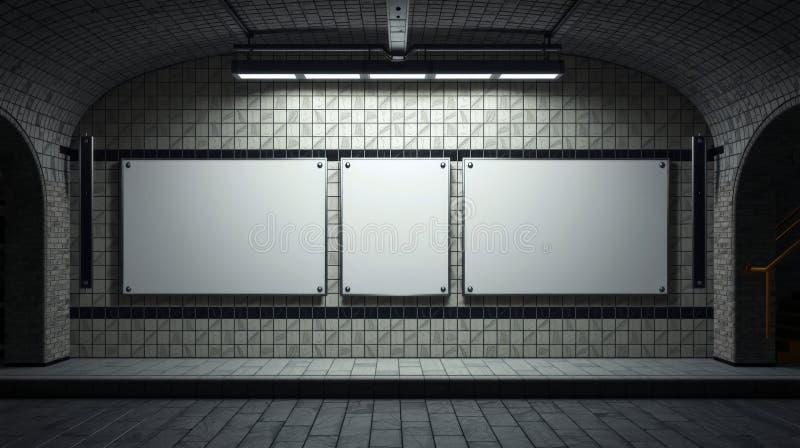 Empty Subway Wall with Three Blank Poster Frames, Ideal for Advertising or Art Displays, in ...