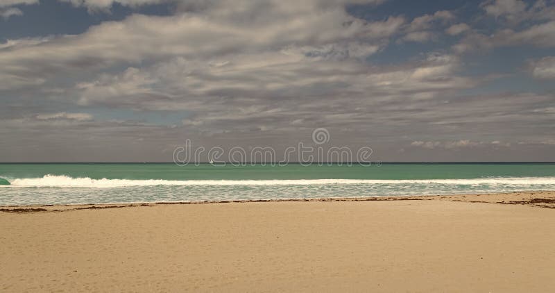 Empty Summer Beach with Yacht on Horizon Stock Photo - Image of ...