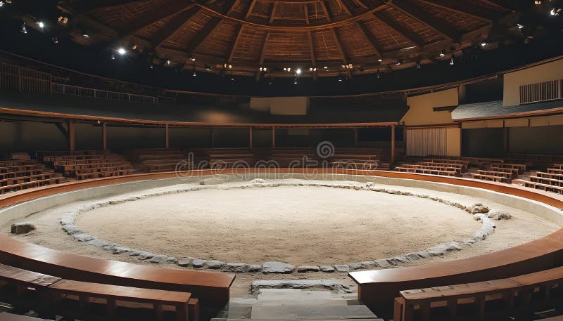 Empty Sumo Ring with Sand and Wooden Spectator Seating in Arena Stock ...