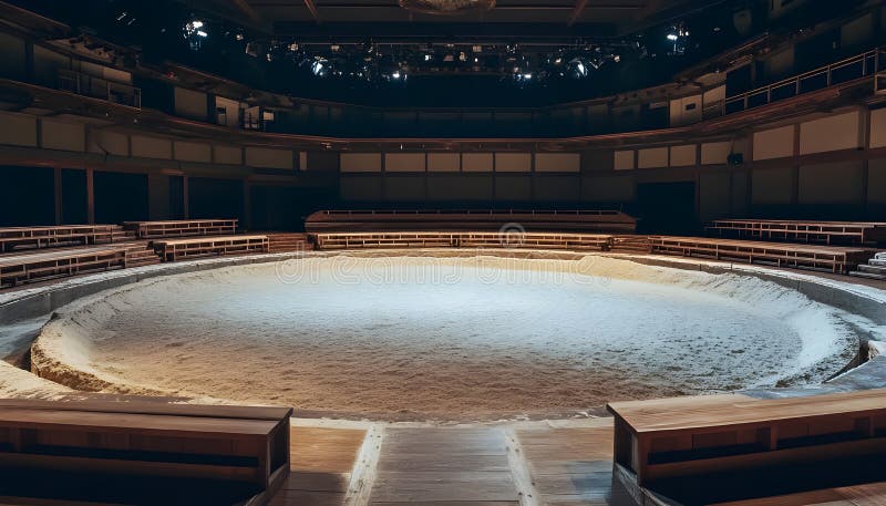 Empty Sumo Ring with Sand and Wooden Spectator Seating in Arena Stock ...