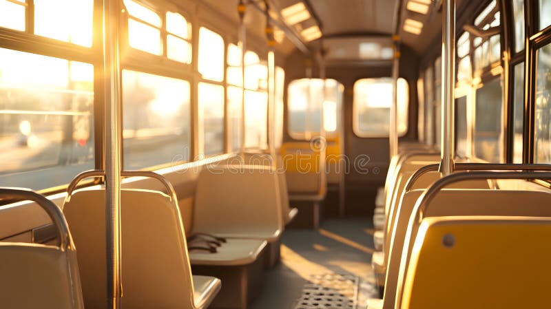 Empty Sunlit Bus Interior with Beige Seats and Cinematic Lighting Stock ...