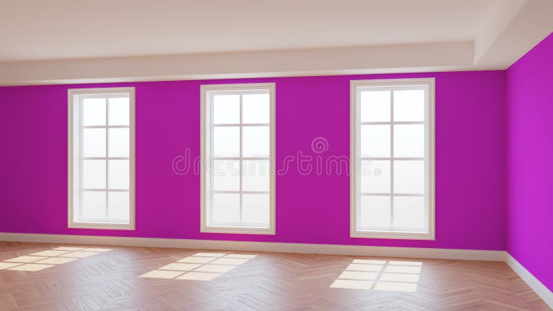 Empty Sunny Interior with Pink Walls, Three Large Windows, Light Glossy ...