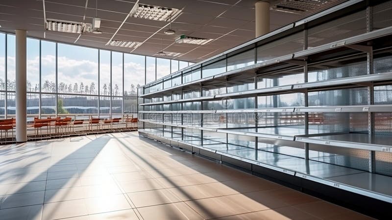 An Empty Supermarket with Bright Windows and Shelves Stock Illustration ...