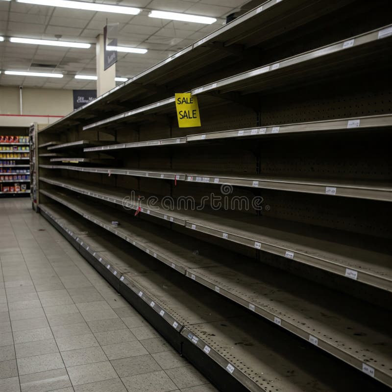 Empty Supermarket Shelves with a Sale Sign. Stock Photo - Image of fear ...