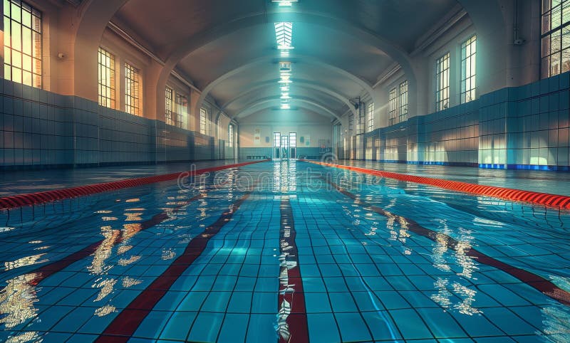 Empty Swimming Pool with Blue Water and Red Lanes Stock Photo - Image ...