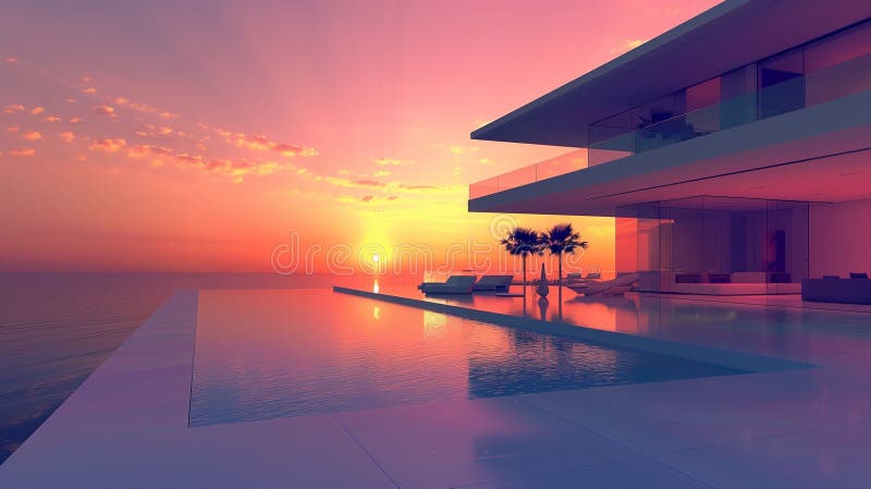 An Empty Swimming Pool Overlooking the Sunset Over the Water and a ...
