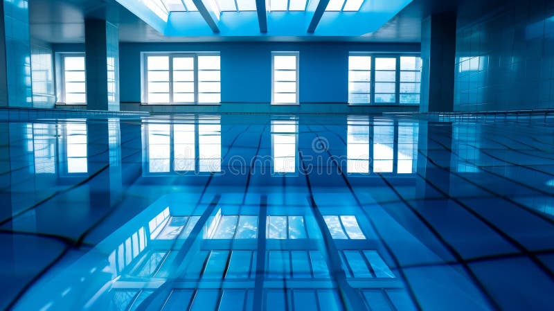 Empty Swimming Pool Reflecting Windows and Skylights Stock Photo ...