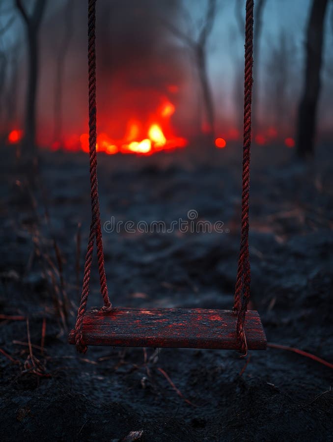 Empty Swing in Burned Forest with Fire in the Background Stock Image ...