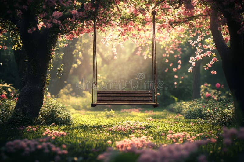 Empty Swing Hanging from Blooming Cherry Blossom Tree in Enchanting ...
