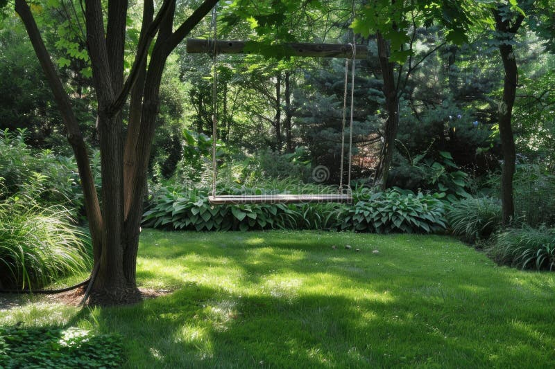 Empty Swing Hanging from Tree in Backyard Stock Photo - Image of ...