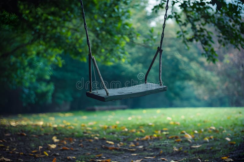 Empty Swing in Serene Park, Surrounded by Lush Greenery and Fallen ...