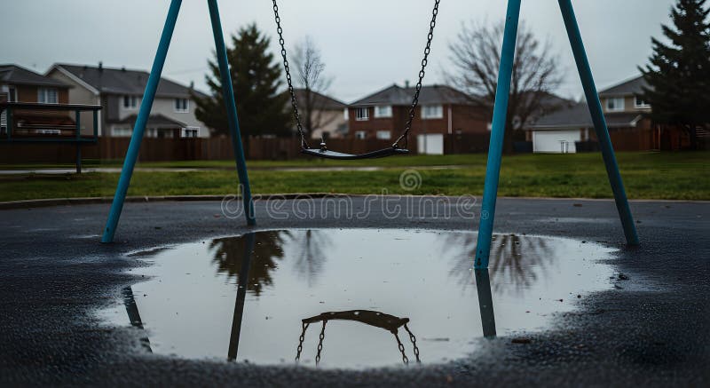 Empty Swing Set Reflecting in a Puddle, Suburban Playground Scene on a ...