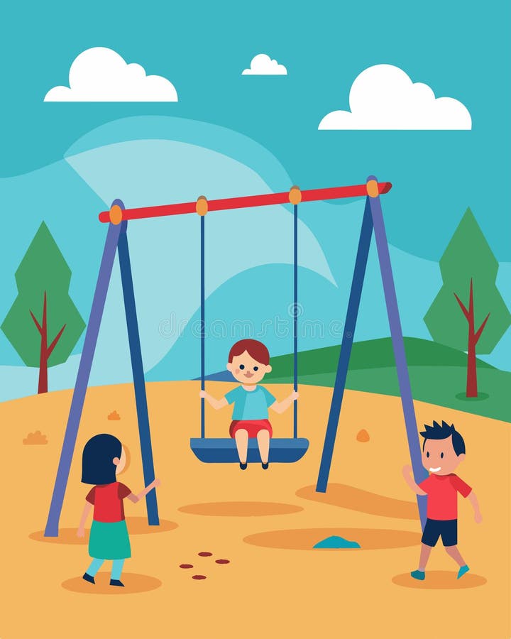 An Empty Swing Untouched while Children Play Together on the Playground ...
