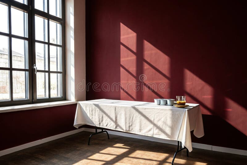 Empty Table Against Dark Red Wall with Window Light and Shadow Stock ...