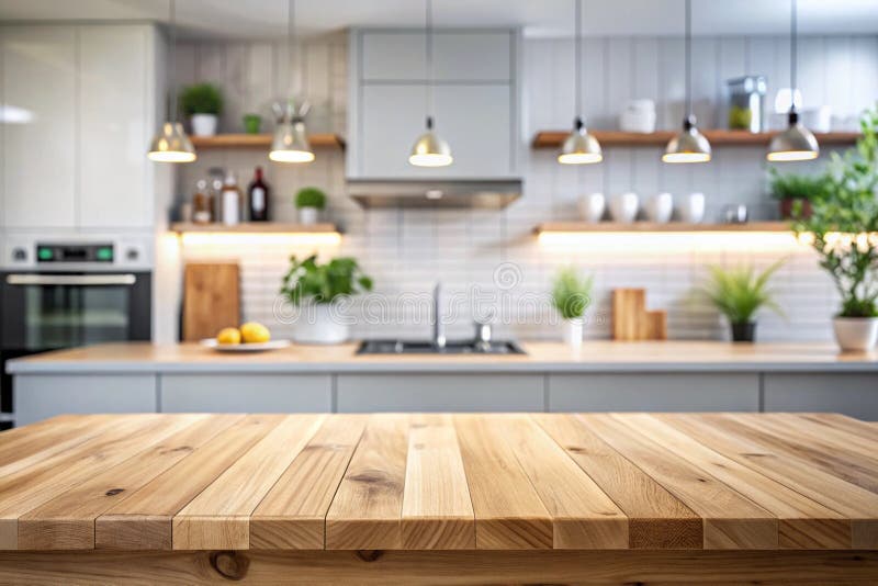 Empty Table Board with Defocused Kitchen Background for Product Display ...