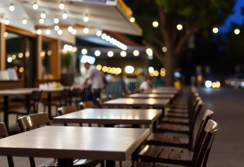 Empty Table and Chairs in an Outdoor Restaurant at Night Stock ...