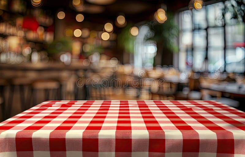 An Empty Table with Checkered Tablecloth in Front of a Restaurant Stock ...