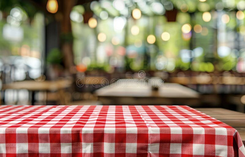 An Empty Table with Checkered Tablecloth in Front of a Restaurant Stock ...