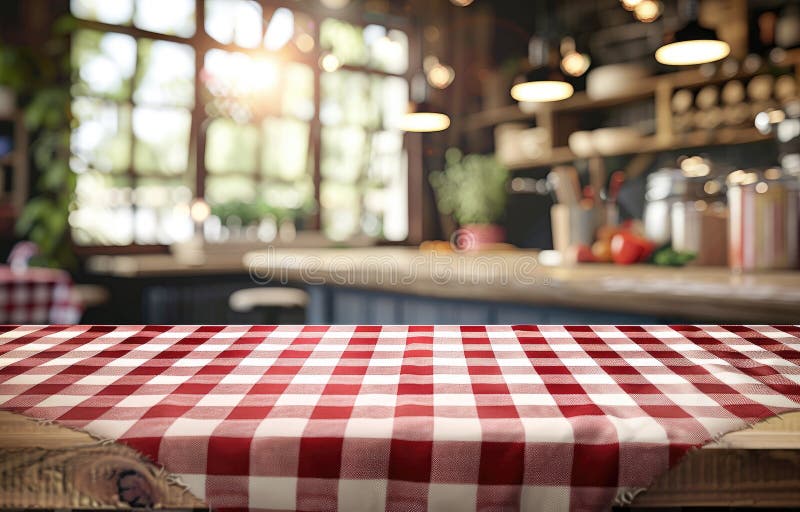 An Empty Table with Checkered Tablecloth in Front of a Restaurant Stock ...