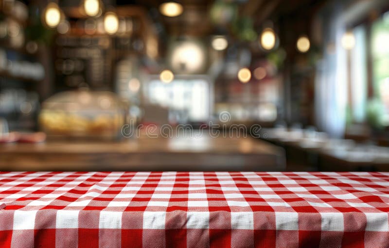 An Empty Table with Checkered Tablecloth in Front of a Restaurant Stock ...